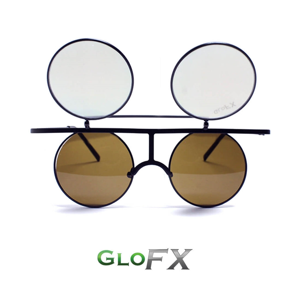 GloFX Vintage Flip Round Diffraction Glasses - Black - Gold mirror ...